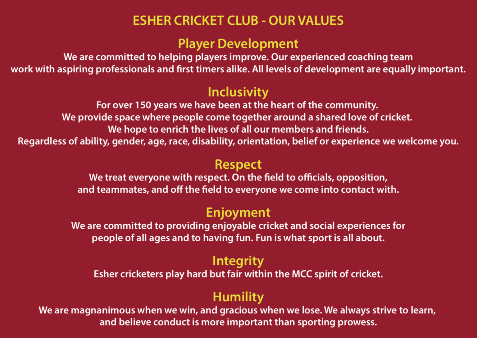 Our Values – Esher Cricket Club